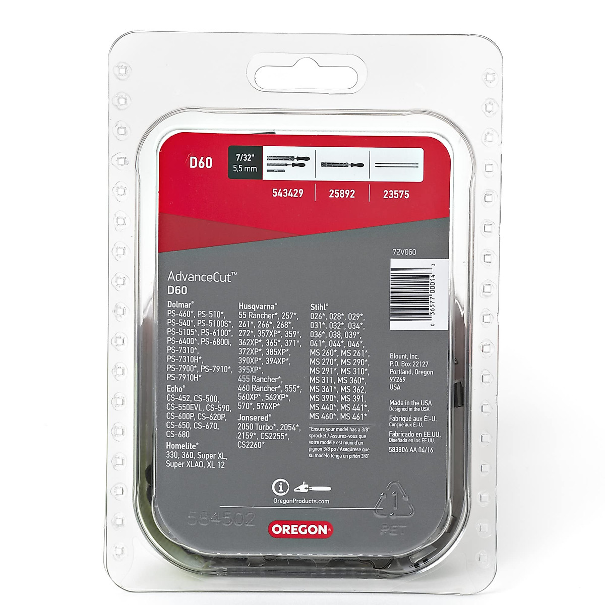 Oregon D60 AdvanceCut Replacement Chainsaw Chain for 16-Inch Guide Bars, 60 Drive Links, Pitch: 3/8" Low Kickback, .050" Gauge, Fits Husqvarna, Echo, Stihl, Poulan, Craftsman and More