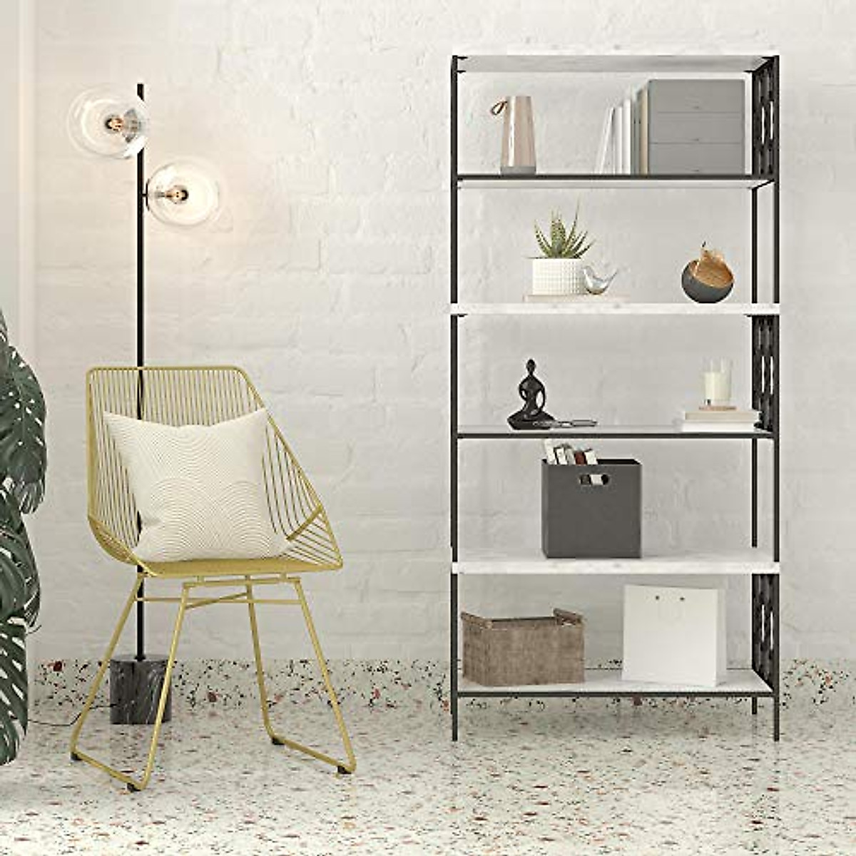 CosmoLiving by Cosmopolitan Ella 5 Shelf, White Marble/Black Bookcase