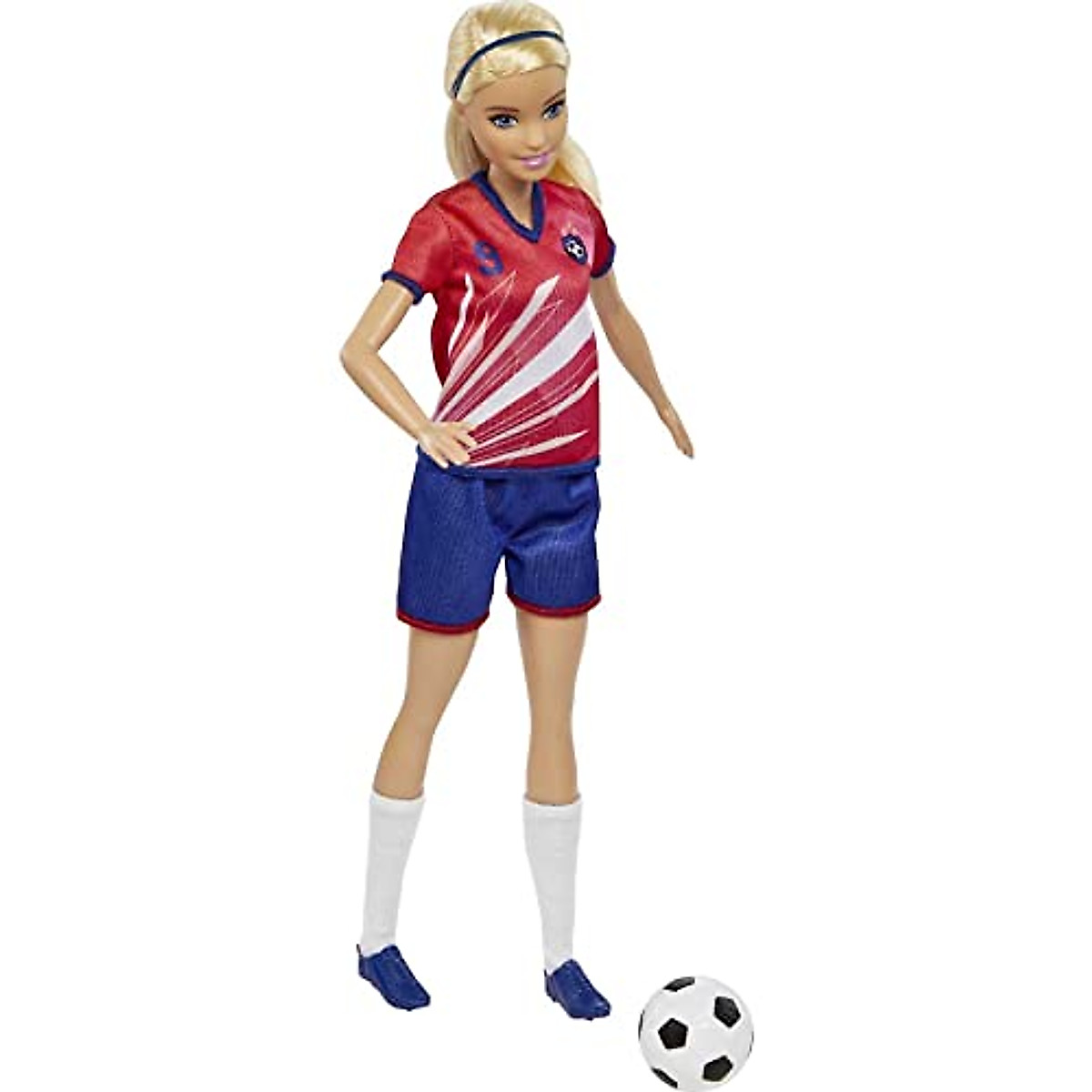 Barbie Soccer Fashion Doll with Blonde Ponytail, Colorful #9 Uniform, Cleats & Tall Socks, Soccer Ball 11.5 inches