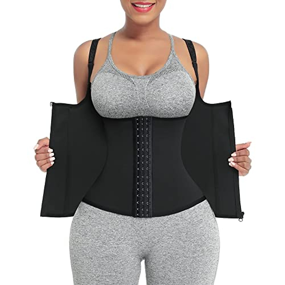 FeelinGirl Waist Trainer for Women Corset Vest Body Shaper Cincher Trimmer Tank Top Sport Girdle with Steel Bones Black