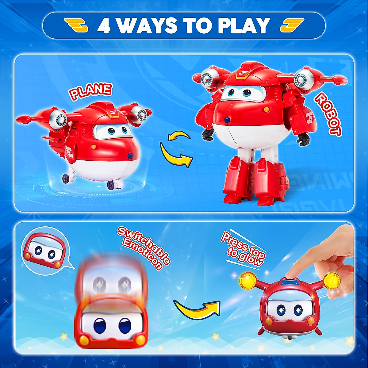 Super Wings - 5" Transforming 2-Pack Supercharged Jett & Super Pet Jett Airplane Toys | New from Season 5 | Airplane to Robot | Preschool Birthday Gifts for 3 4 5 Year Old Kids | with Light Effect