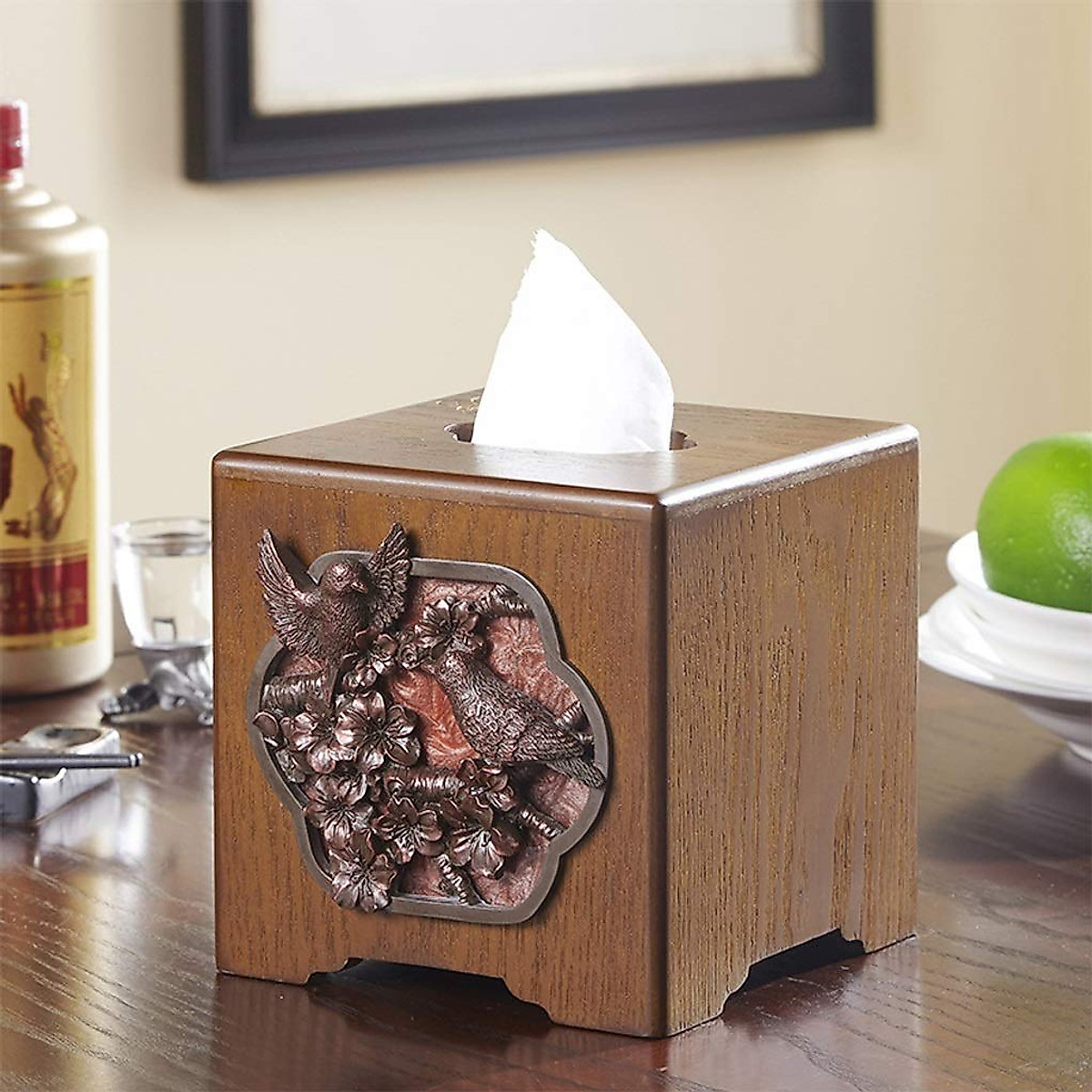 Retro Creative Simple Square Flower and Bird Carving Wooden Tissue Box Home Car Essentials Hotel Roller (Color : Brown)