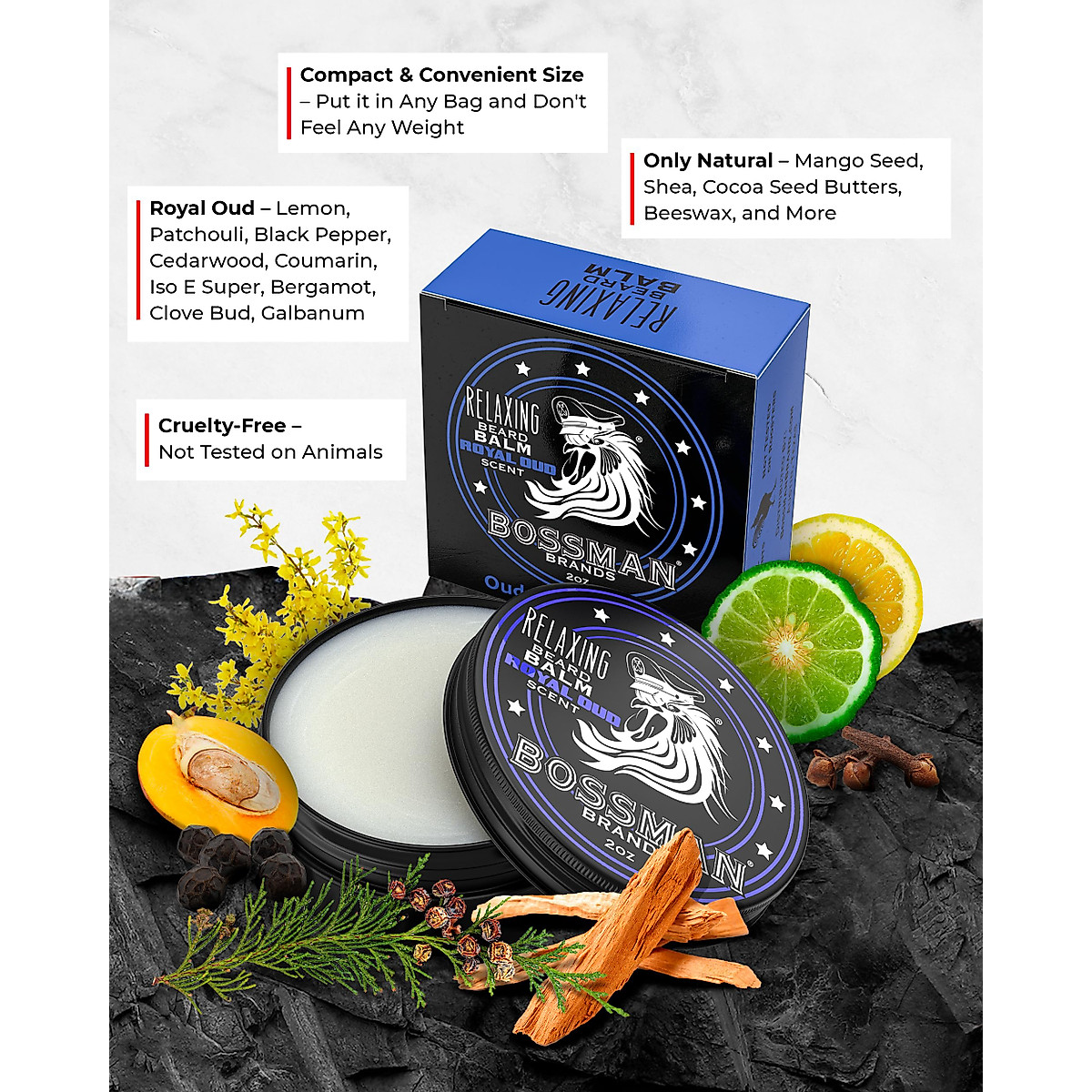 Bossman Relaxing Beard Balm - Beard Tamer, Relaxer, Thickener and Softener Cream - Beard Care Product - Made in USA (Royal Oud Scent)