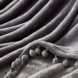HARBOREST Fleece Bed Blanket with Pompom Fringe Queen Size Dark Grey Blanket,Lightweight Breathable All Season Blanket for Bed, Couch, Travel,90"x90"