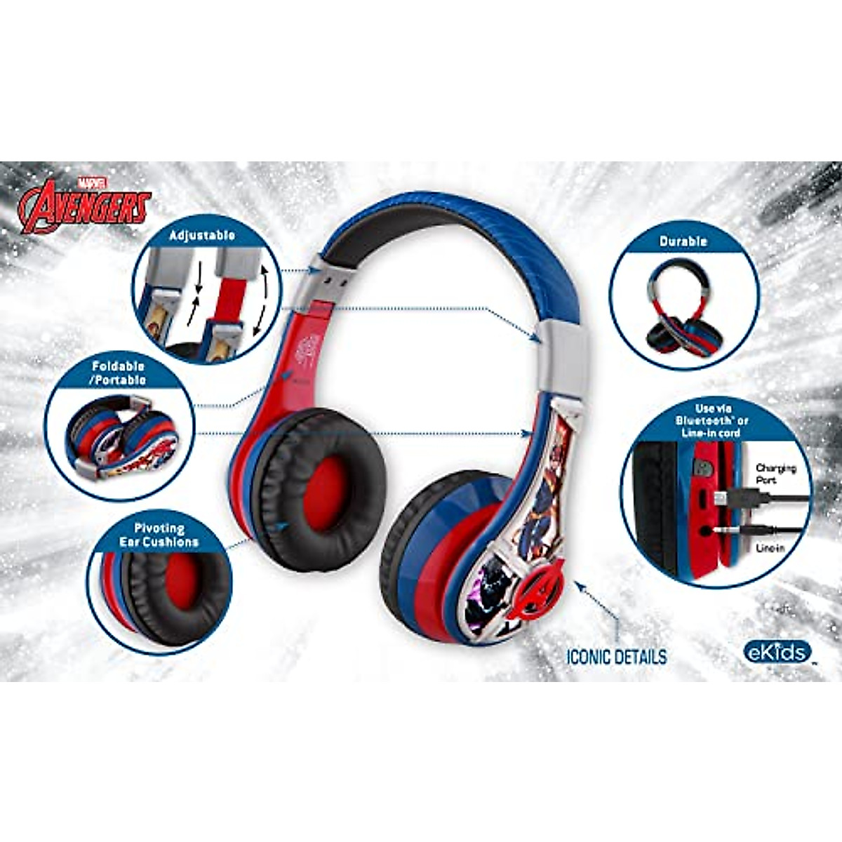 eKids Marvel Avengers Kids Bluetooth Headphones, Wireless Headphones with Microphone Includes Aux Cord, Volume Reduced Kids Foldable Headphones for School, Home, or Travel