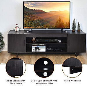 Tangkula Modern Wood Universal TV Stand for TV up to 65", Media Console with 2 Storage Cabinets & Open Shelves, Home Living Room Furniture Entertainment Center (Brown)