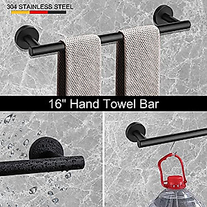 8-Piece Bathroom Hardware Accessories Set: Matte Black Stainless Steel Wall Mount Kit Include 16" Hand Towel Bar | Towel Ring | Toilet Paper Holder | Razor Holder | 4 Robe Towel Hooks