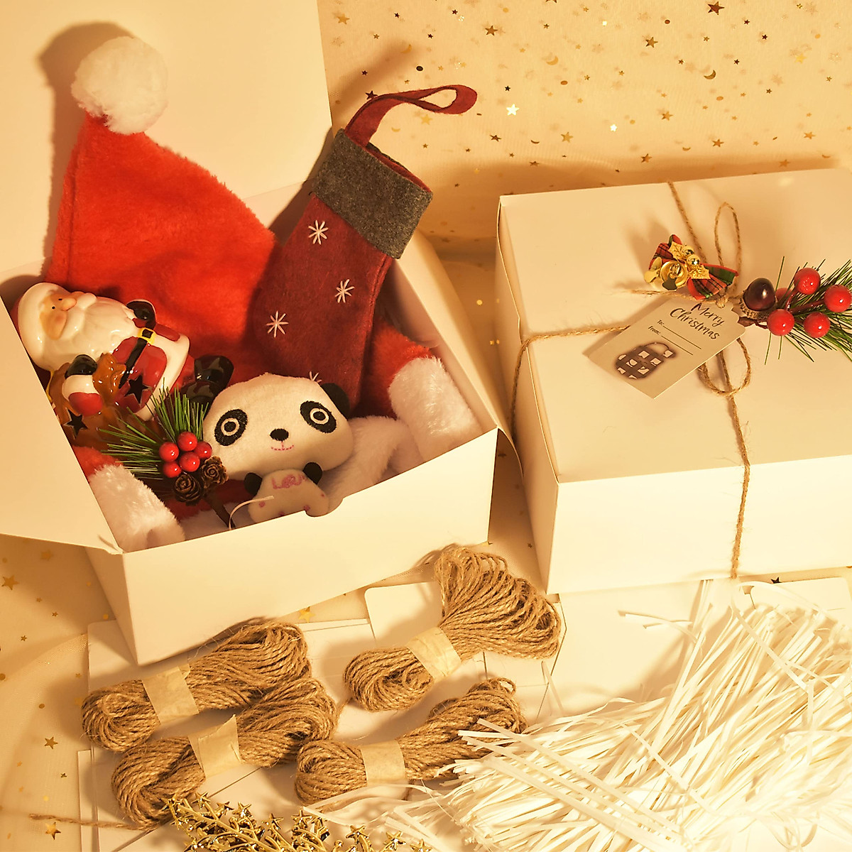 JOYIN 16 Pcs Christmas Kraft Gift Boxes, 8 x 8 x 4 In Easy Assemble Holiday Gifts Boxes with Grass Twines and Raffia Paper for Valentine's Day, Birthday, Wedding, Holiday Gift Wrapping