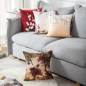 ArtSocket Set of 4 Throw Pillow Covers Japanese Tree Eastern Nature Home Flowers Cherry Blossom Beige Cream Decorative Pillow Cases Home Decor Square 18x18 Inches Pillowcases