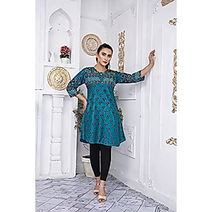 IshDeena Pakistani Kurtis for women Indian Style Cotton Tunics Womens Tops Printed Lawn (Small, Teal)