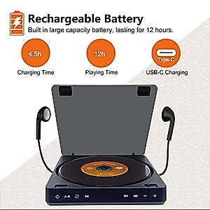 Portable CD Player with Headphone Rechargeable CD Player for Car with AUX Cable Support CD USB Dual Headphones Design Shockproof Protection Touch Buttons LED Display