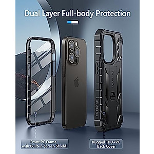 FNTCASE for iPhone 14-Pro Phone Case: for iPhone 13 Pro Cases | Military Grade Drop Proof Protection Mobile Cover with Kickstand | Matte Textured Rugged Shockproof TPU | Protective Sturdy - Black