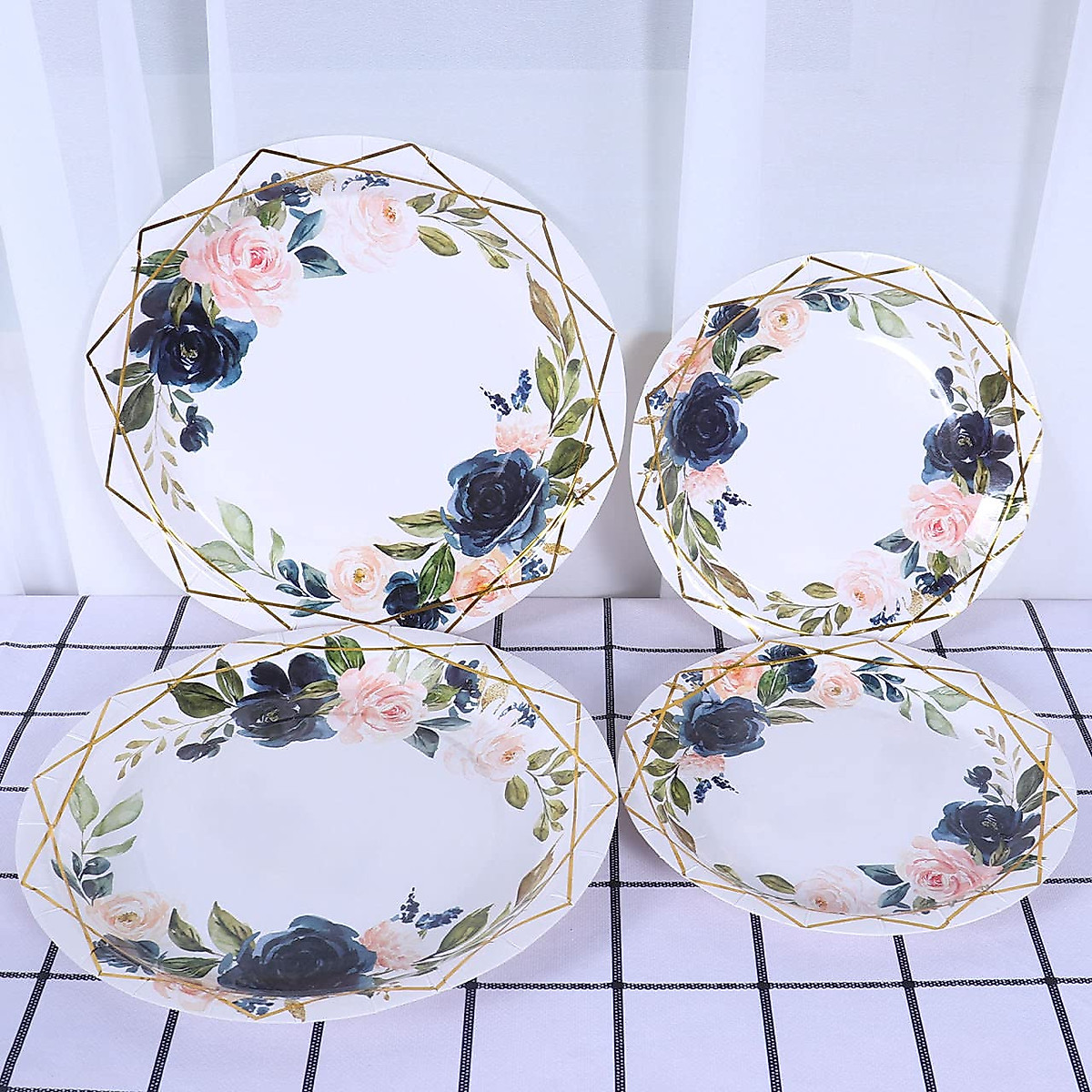 Bridal Shower Paper Plates Navy Blush Floral, 24 Guests, Gender Reveal, Gold Foil Dinner, Dessert, Cups, Gold Straws, Napkins, Baby Shower Decorations Birthday Wedding Anniversary Twins Party Supplies
