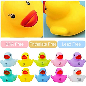 10 Pack: Numbers Counting Rubber Ducks Colorful Bath Toys - 1, 2, 3 Learn to Count Numeracy Early Learning Educational Bathtime Squeak Duckies Bathtub Set for Kids, Toddlers