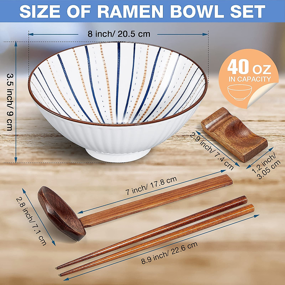 4 Sets Ceramic Japanese Ramen Bowls 40 Ounce Large Ceramic Noodle Serving Bowl with Spoons, Chopsticks and Chopstick Stands for Soup, Cereal, Rice, Udon, Asian Noodles, Blue and White (Stripe Style)