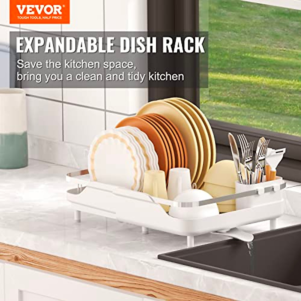 VEVOR Dish Drying Rack, Expandable (11.6"-18.5") Stainless Steel Dish Drainer with Drainboard, Large Capacity Storage Space Saver, Single Tier Cup and Utensil Holder for Kitchen Counter Over The Sink