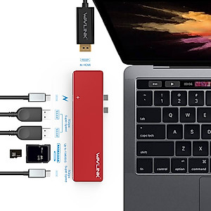 Wavlink USB-C Hub Aluminum Type-C Adapter for Apple MacBook Pro 2016 and 2017-40GB/S Thunderbolt 3 5K@60Hz, USB-C Data Port, 2 USB 3.0, SD/Micro SD Card Readers with Leather case-Red
