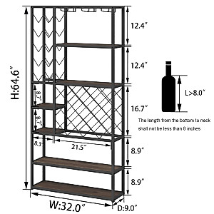 Launica Rustic Wine Rack Freestanding Floor, Industrial Modern Wine Bakers Rack, Farmhouse Wood and Metal Wine Bar Cabinet with Wine Storage and Glass Holder for Home Kitchen Dining Room, Rustic Oak