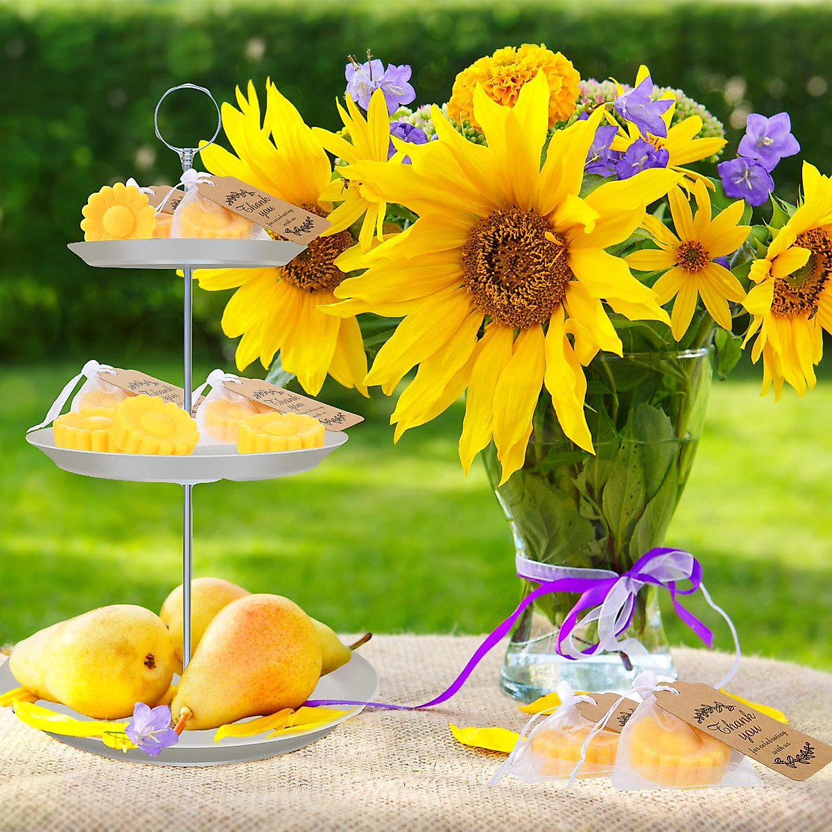 Dansib 25 Set Sunflower Style Mini Soap Cute Handmade Soap for Wedding Party Favors Small Bridal Shower Gifts Sunflower Style Soap Favors with Drawstring Organza Bags Thank You Cards (Yellow)