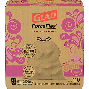 GLAD ForceFlex Tall Kitchen Drawstring Trash Bags, 13 Gallon White Trash Bag for Kitchen Trash Can, Gain Moonlight Breeze with Febreze Freshness and Leak Protection, 110 Count (Package May Vary)