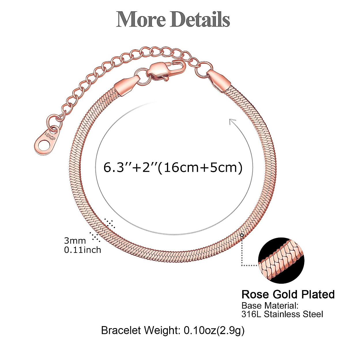FOCALOOK Snake Chain Bracelet Rose Gold Plated 3MM Flat Herringbone Chain Bracelets