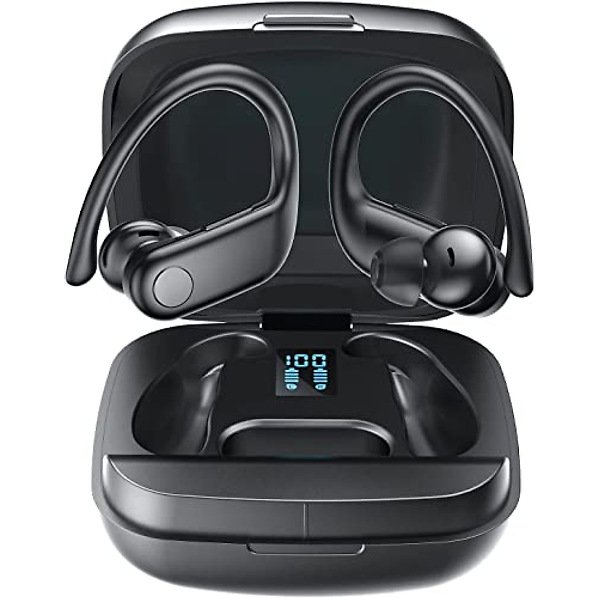 fojep Wireless Earbuds Bluetooth Headphones 100hrs Play Back Sport Earphones Built in Noise Cancellation Mic with Charging Case Digital Display, Sweatproof Stereo Sound Headphones with Over Earhooks
