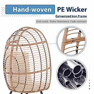 JOIVI Wicker Egg Chair, Oversized Indoor Outdoor Lounger Large Egg Basket Chair with Stand and Cushions for Patio Porch, Backyard, Living Room, Balcony (Beige Rattan, Creamy White Cushion)