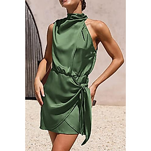 PRETTYGARDEN Women's Short Formal Satin Dress 2023 Summer Sleeveless Mock Neck Tie Waist Cocktail Party Dresses (Army Green,Small)