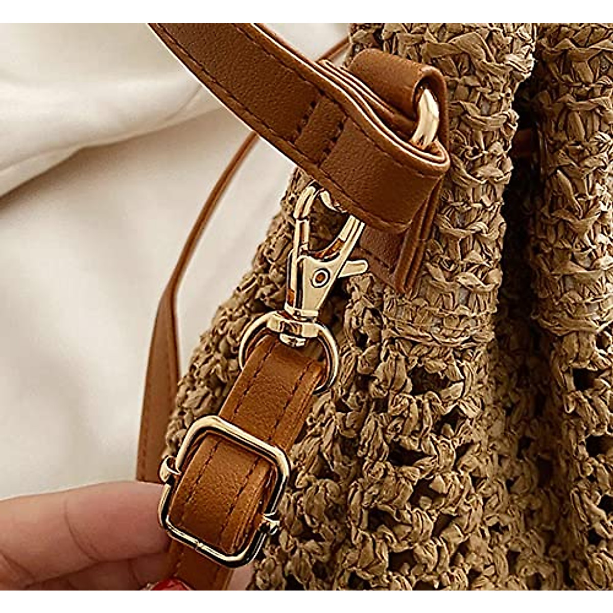 Obosoyo Women Straw Bucket Bags Drawstring Beach Bag Handwoven Crochet Tassel Purse Bohemian Shoulder Handbag