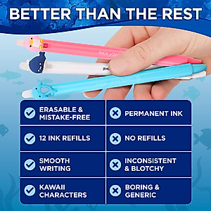 BunMo Erasable Cute Pens - Cute Kawaii Accessories - 12 Ink Pens Include 12 Extra Kawaii Pen Ink Refills. Great Easter Basket Stuffers or Easter Basket Stuffers For Girls