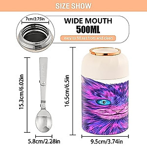 CUPADA Purple Cat Face Food Jar, Cute Animal Insulated Hot Food Jars Vacuum 17OZ with Folding Spoon for Work Trip Picnic Camping