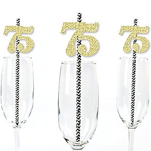 Gold Glitter 75 Party Straws - No-Mess Real Gold Glitter Cut-Out Numbers & Decorative 75th Birthday Party Paper Straws - Set of 24