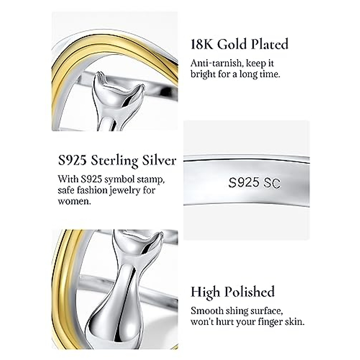 SILVERCUTE Women Cat Ring 925 Sterling Silver 18K Gold Plated Cat on the Moon Cute Wrap Ring Adjustable