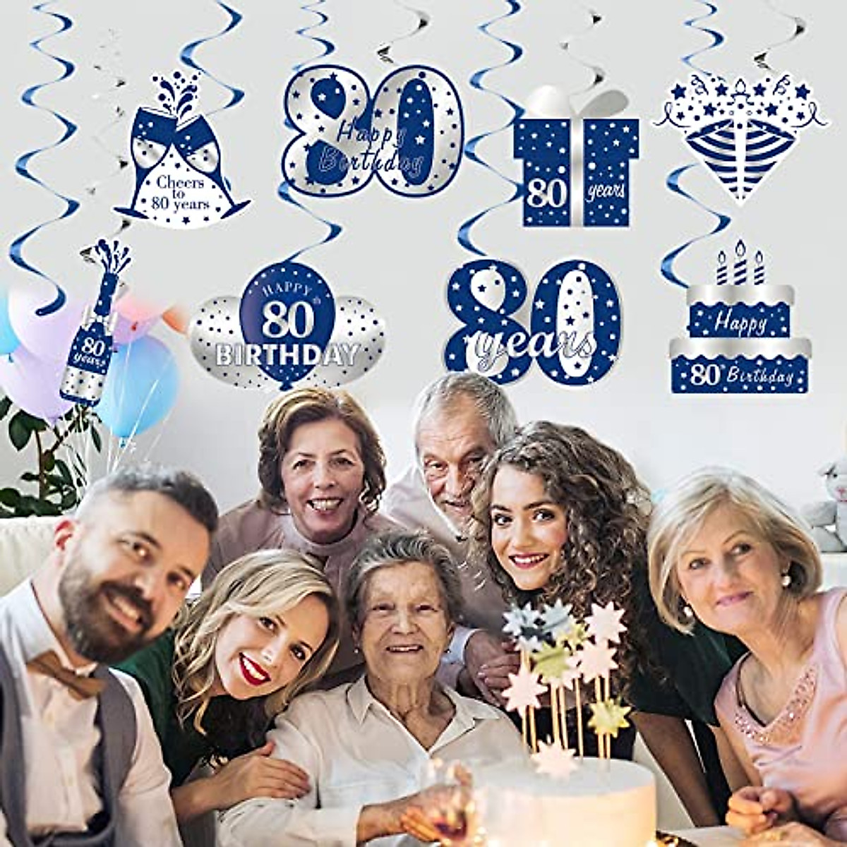 Blue Silver 80th Birthday Hanging Swirls Decorations for Men, 16Pcs Happy 80 Year Old Birthday Foil Swirl Party Supplies, Eighty Birthday Ceiling Hanging Sign Decor