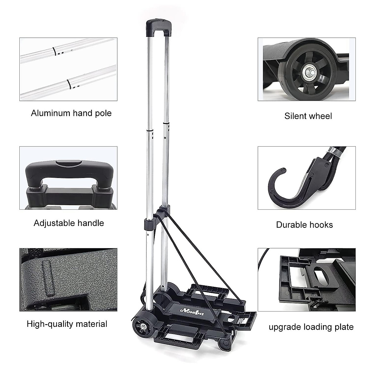 Folding Hand Truck Aluminum Telescopic Rod Foldable Roller Shopping Trolley Collapsible 2 Wheel Trolley Expandable Large Chassis Foldable into Backpack