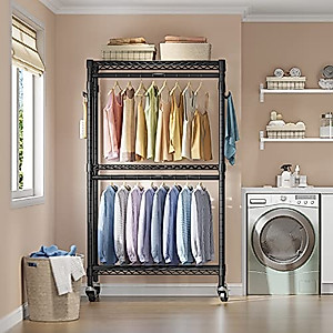 VIPEK V12 Rolling Clothes Rack Heavy Duty Clothing Rack for Hanging Clothes Adjustable Metal Wire Shelving Portable Closet with Wheels Side Hooks, Freestanding Closet Wardrobe, Medium Size, Black