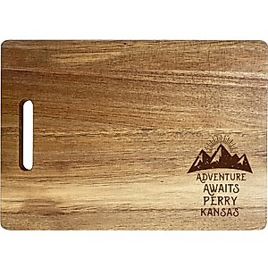 Perry Kansas Camping Souvenir Engraved Wooden Cutting Board 14" x 10" Acacia Wood Adventure Awaits Design