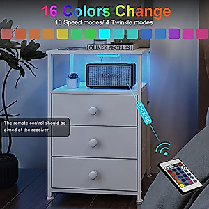 Tohomeor End Table with Charging Station LED Light Nightstand Bedroom Bed Side Dresser with 3 Fabric Drawers Open Storage Shelf Living Room Sofa End Table with USB Ports and Outlet (White, 1 Pack)