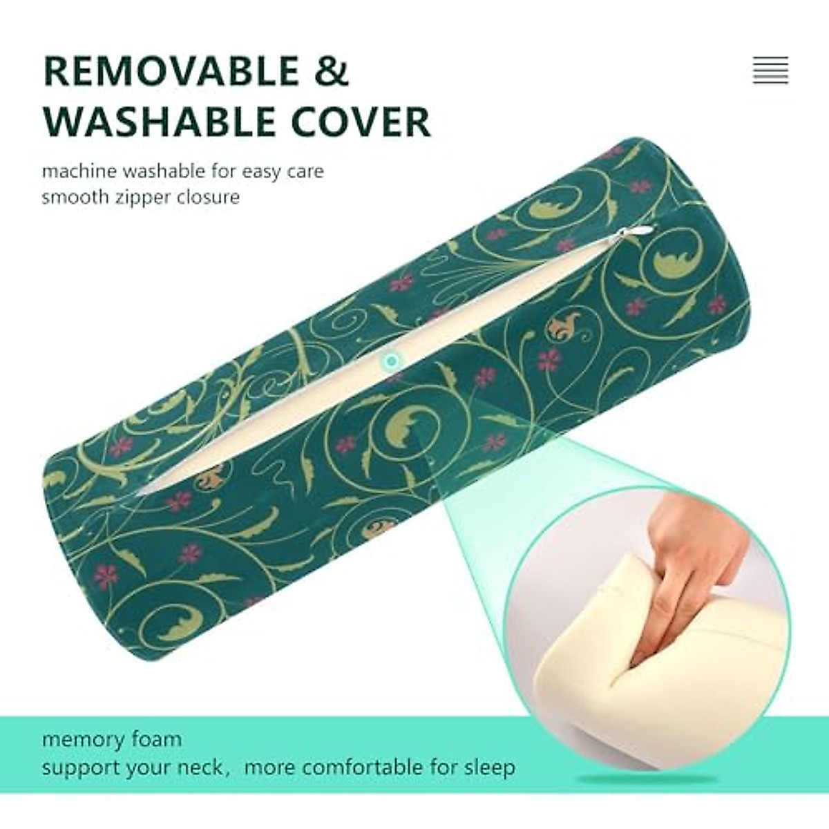 xigua Green Leaves Neck Roll Pillow for Neck Relief with Removable Washable Cover - Memory Foam Round Cylinder Bolster, Ergonomically Designed for Head, Neck, Back, and Legs