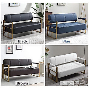 57.9" Faux Leather Loveseat Sofa, Mid Century Modern Sofas Small Couch with Gold Armrests & Legs, Upholstered 2-Seater Love Seat Couches for Living Room, Apartment, Office, Shop, Anteroom (Black)