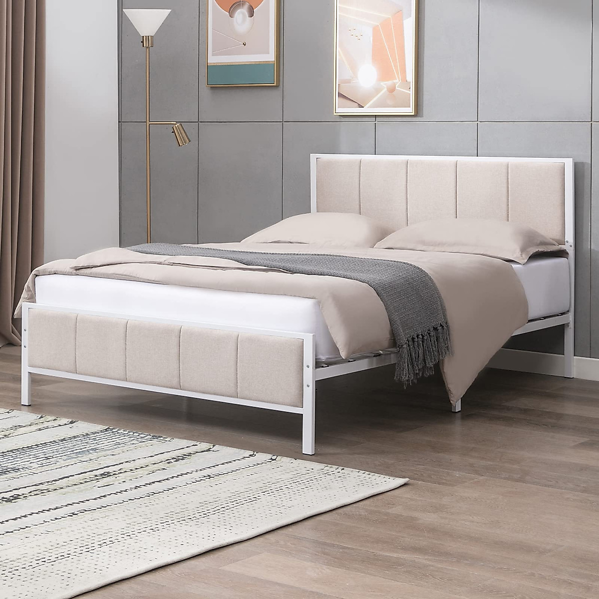 Mixoy Cal King Metal Bed Frame, Linen Platform Bed Frame with Upholstered Headboard, Heavy Duty Metal Mattress Foundation, Strong Metal Slat Support, No Box Spring Needed (Cal King/Beige)