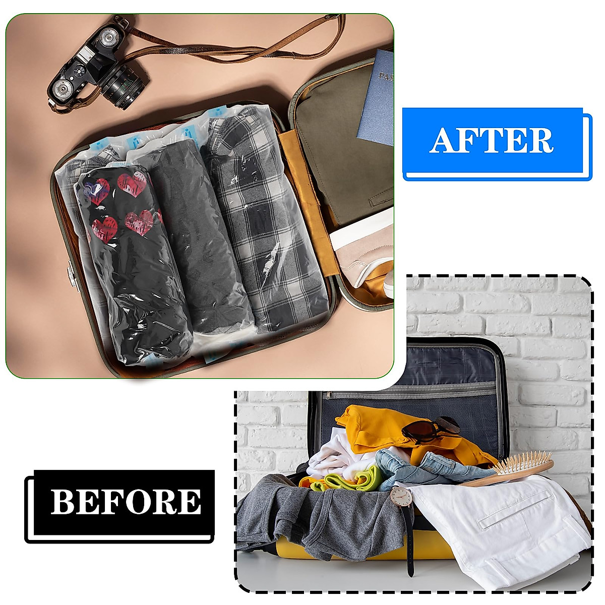 10 Pack Compression Bags Travel Essentials Space Saver Bags Hand Roll-Up Airtight Vacuum Storage Bags Clothes Organizers Home Packaging Pouch for Shoes Cosmetics Comforters Bedding