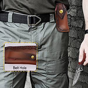 KOMWERO Damascus Pocket Knife, VG10 Damascus Steel Folding Knife with Wood Handle, Leather Sheath, Liner Lock, EDC Knife for Outdoor Survival Hunting Collection