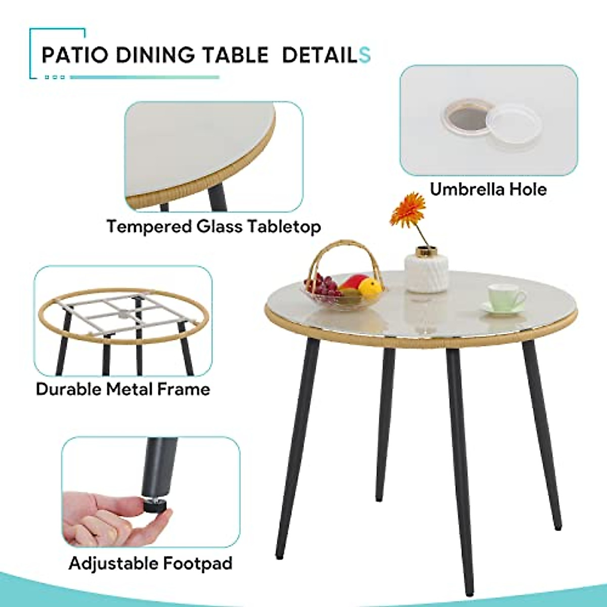 Verano Garden 5 Pieces Outdoor Dining Set, Patio Wicker Dining Chairs and Round Table Set for 4, Rust-Resistant Steel Frame Dining Set W/Umbrella Hole for Backyard, Porch, Garden, Lawn