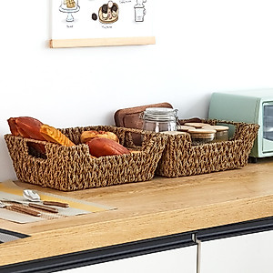 LGEHOOM Seagrass Wicker Storage Baskets Open-Front Pantry Baskets With Handles Handwoven Rattan Shelf Baskets for Organizer and Storage, 2 Pack