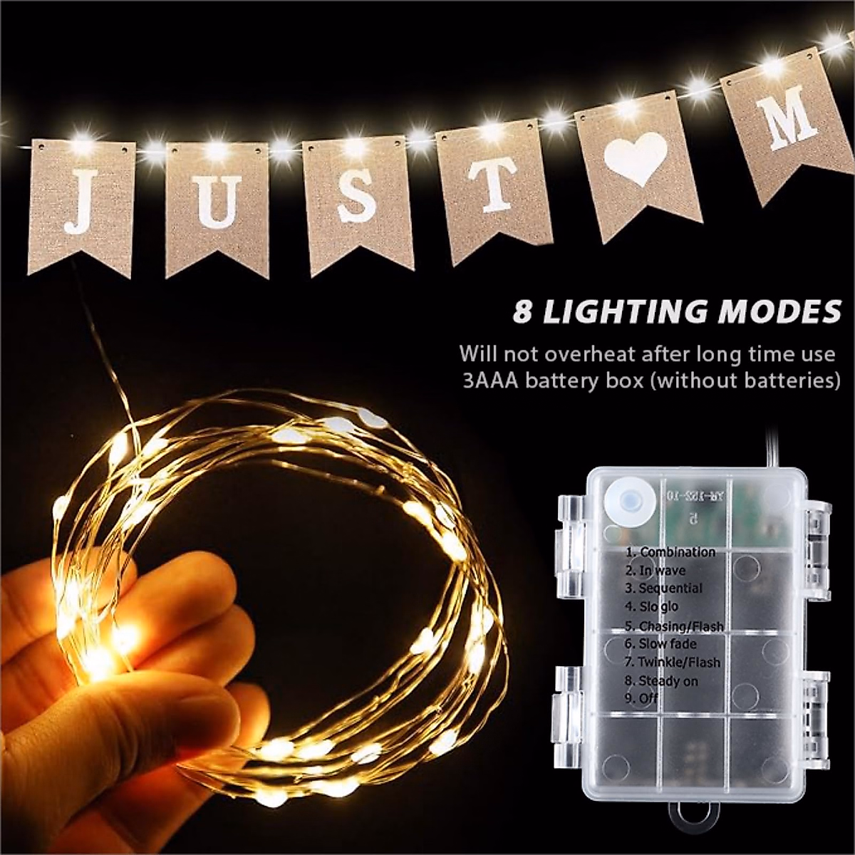 Just Married Burlap Banner, Wedding Bunting Banner with LED Fairy String Light 8 Flicker Mode, Hanging Sign Garland Pennant Photo Booth Props for Bridal Shower Wedding Engagement Car Party Decoration