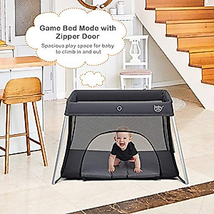 HONEY JOY Baby Travel Crib, Portable Pack and Play Travel Bassinet with Carry Bag, Lightweight Baby Playpen w/Washable Mattress, Side Zipper Door, Large Foldable Play-Yard for Infant Boy Girl (Gray)