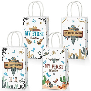 Justforjoyful 16Pcs My First Rodeo One Birthday Party Favors Bags Cowboy 1st Birthday Gift Snacks Treat Candy Paper Bags with Handle for Cowboy 1st Birthday Party Decorations Supplies 8 * 4.7 * 3inch
