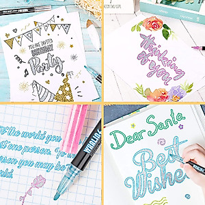 Whaline Double Line Outline Pens, 12 Colors Self-Outline Metallic Markers Glitter Writing Drawing Pens for Christmas Card Writing, Birthday Greeting, DIY Art Crafts, Scrap Booking