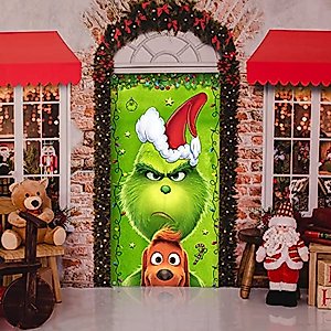 Christmas Decorations Door Cover, The Green Door Banner Merry Christmas Porch Sign Backdrop for Indoor Outside Home Front Door Christmas New Year Party Decorations